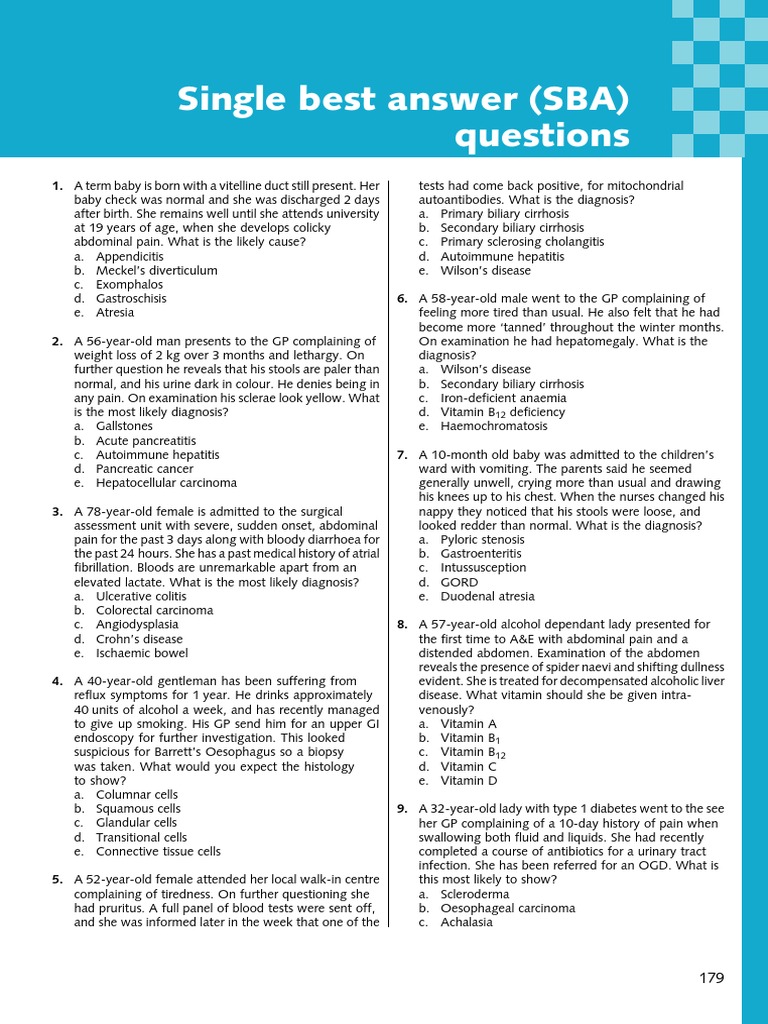 Single Best Answer (SBA) Questions | PDF | Crohn's Disease | Peptic Ulcer
