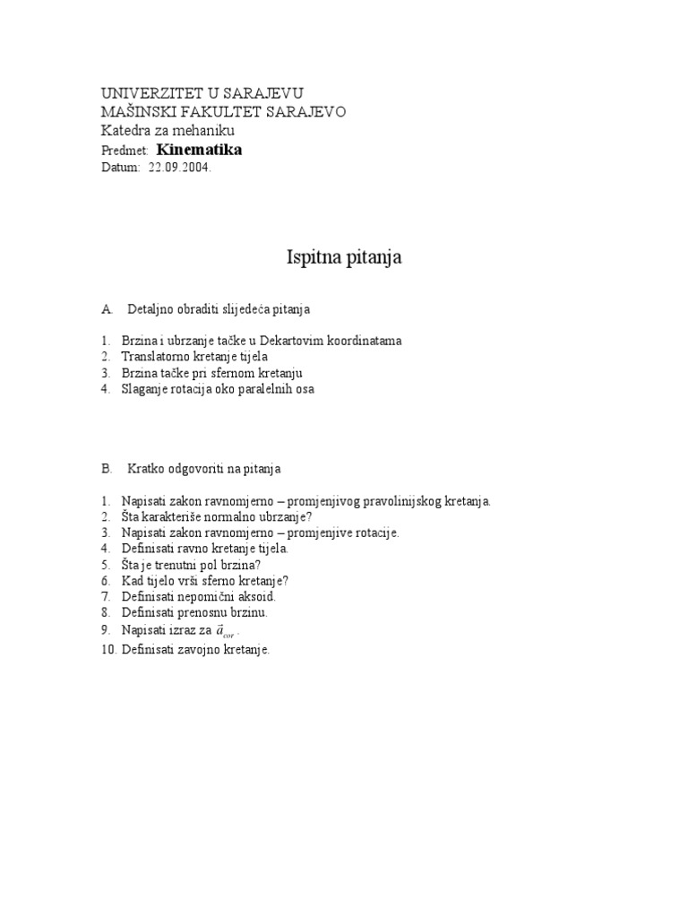 Kinematika - Teoretski Dio Ispita - Primjer PDF | PDF