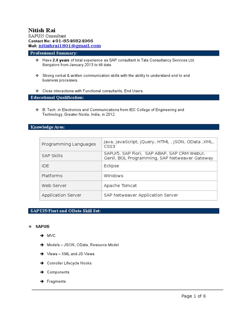 Nitish Resume Sapui5 | PDF | Class (Computer Programming) | Model–View–Controller