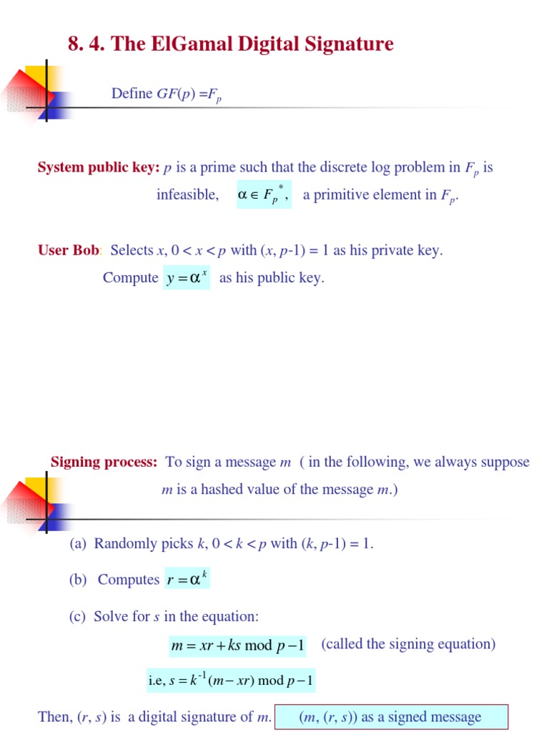The Elgamal Digital Signature: Define GF (P) F | PDF | Public Key Cryptography | Secrecy