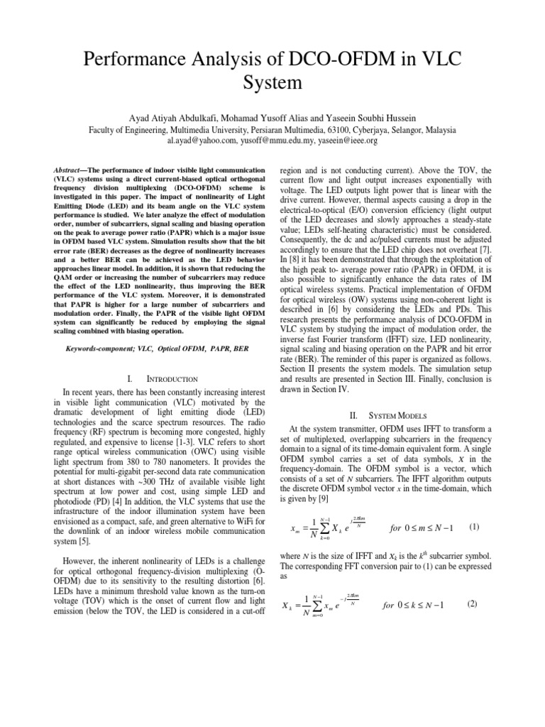 Performance Analysis Of Dco Ofdm In Vlc System Pdf Orthogonal