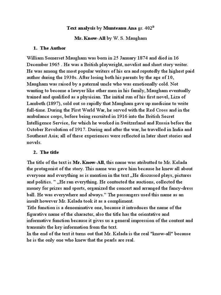 Text Analysis Mr. Know-All by W. S. Maugham | PDF | W. Somerset Maugham ...