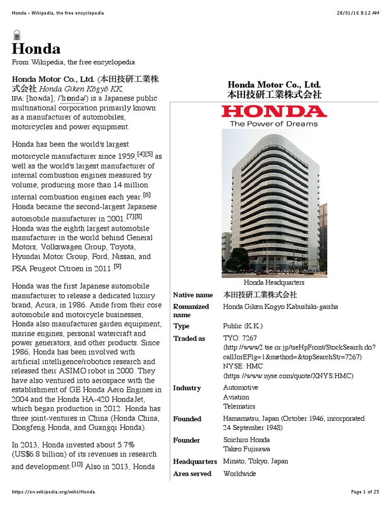 Honda - Wikipedia, The Free Encyclopedia | PDF | Honda | Hybrid ...