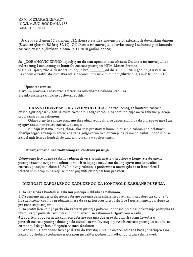 Izjava ,Odluka o Imenovanju Lica Za Pusenje