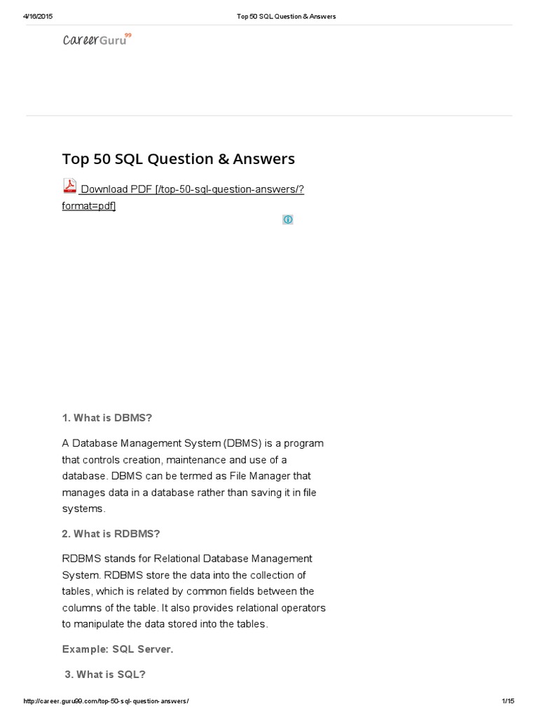 Top 50 SQL Question & Answers | Download Free PDF | Database Index | Relational Database