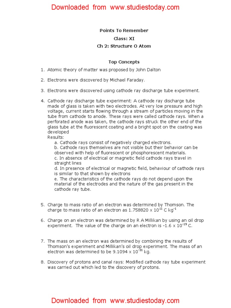CBSE Class 11 Chemistry Notes - Structure of Atom | PDF | Atomic ...