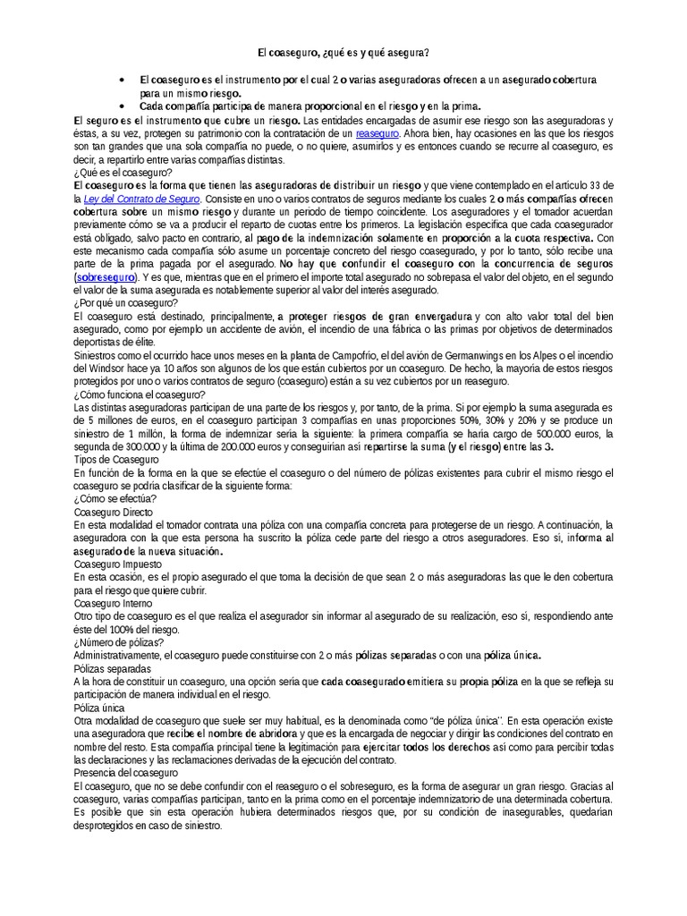 El Coaseguro | PDF | Póliza de seguros | Seguro