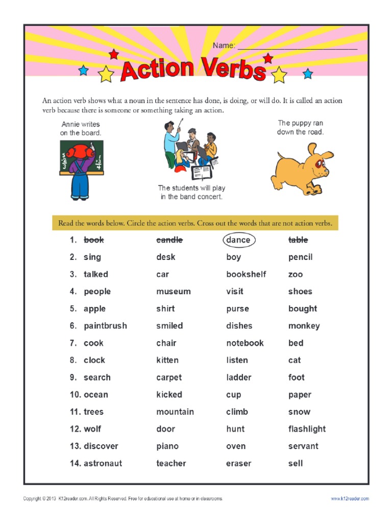 Action Verbs - 1st Grade Verb Worksheets | PDF | Linguistic Typology ...