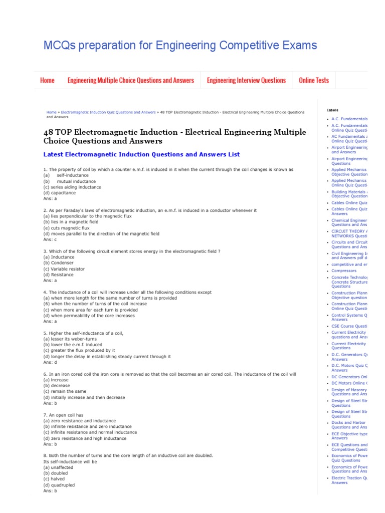 Electromagnetic Induction MCQs Guide | PDF | Inductor | Inductance