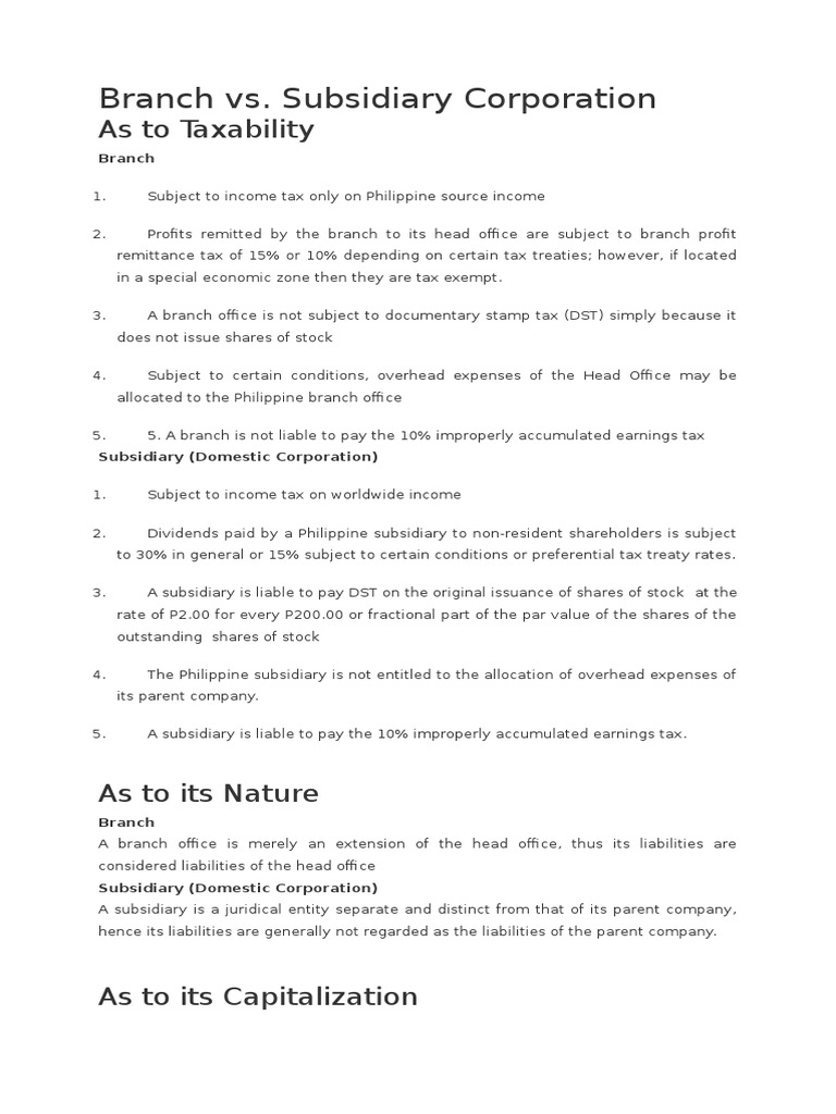 Branch vs. Subsidiary: Tax and Legal Differences | PDF | Securities ...