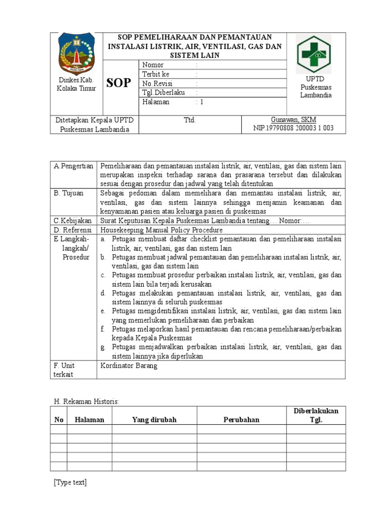 8.5.1.2 Sop Pemeliharaan Dan Pemantauan Instalasi Listrik, Air, Ventilasi, Gas Dan Sistem Lain | PDF