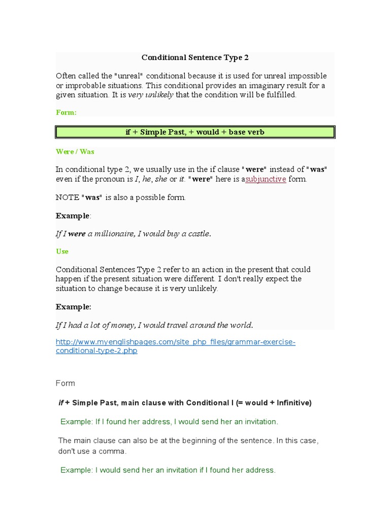 Conditional Sentence Type 2: Form | PDF