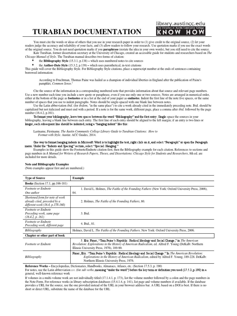 Turabian Documentation: Note and Bibliography Examples | PDF | A Manual ...
