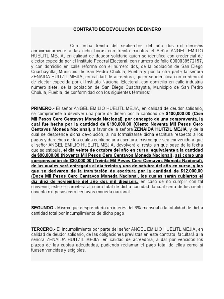 Contrato de Devolucion de Dinero | PDF | Pagos | Justicia