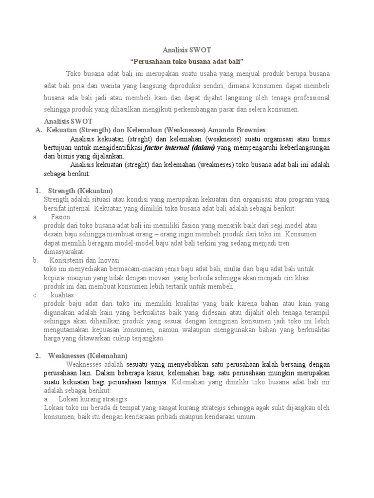 Analisis SWOT Toko Busana Adat Bali | PDF