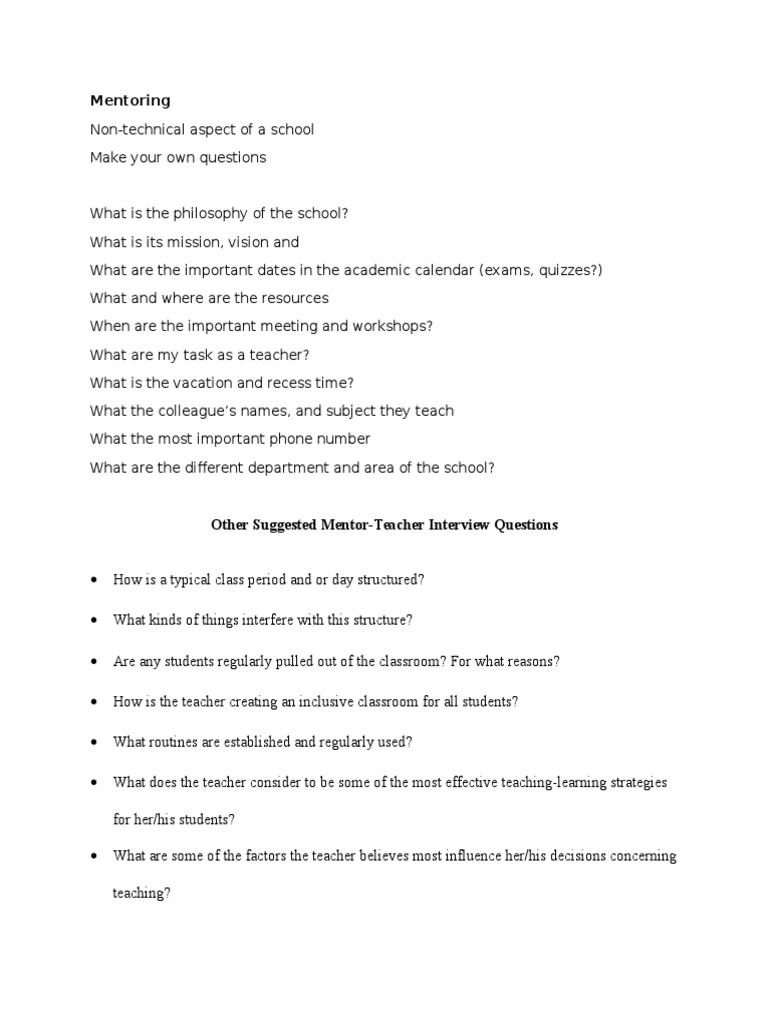 Mentoring Other Suggested Mentor Teacher Interview Questions Pdf
