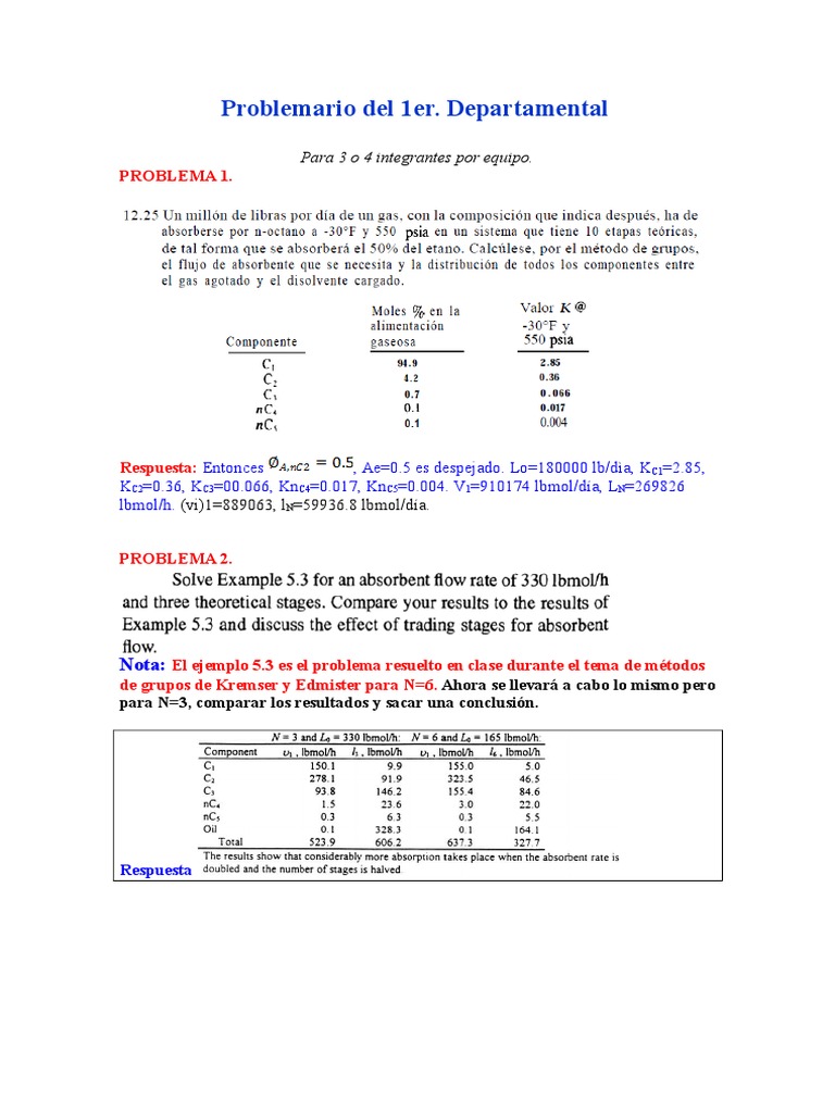 1er Problemario Procesos de Separacion X Etapas Actualizado 19oct 2015 | PDF | Métodos y ...