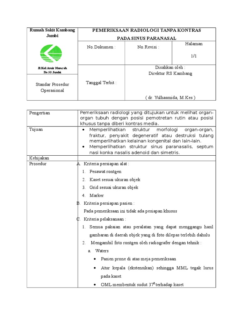 Sop Pemeriksaan Radiologi Tanpa Kontras Pada Sinus Paranasal | PDF