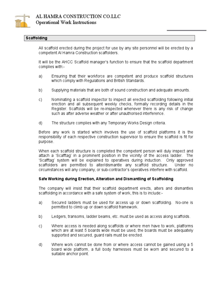 Work Instructions | PDF | Scaffolding | Occupational Safety And Health