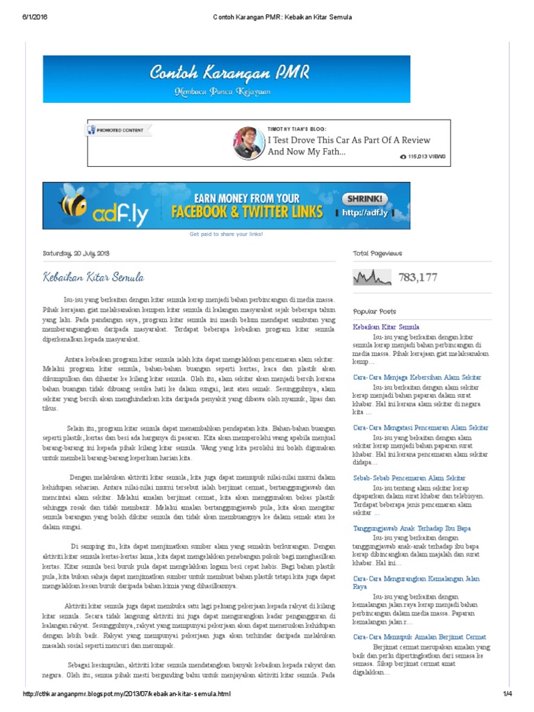 Contoh Karangan PMR - Kebaikan Kitar Semula | PDF