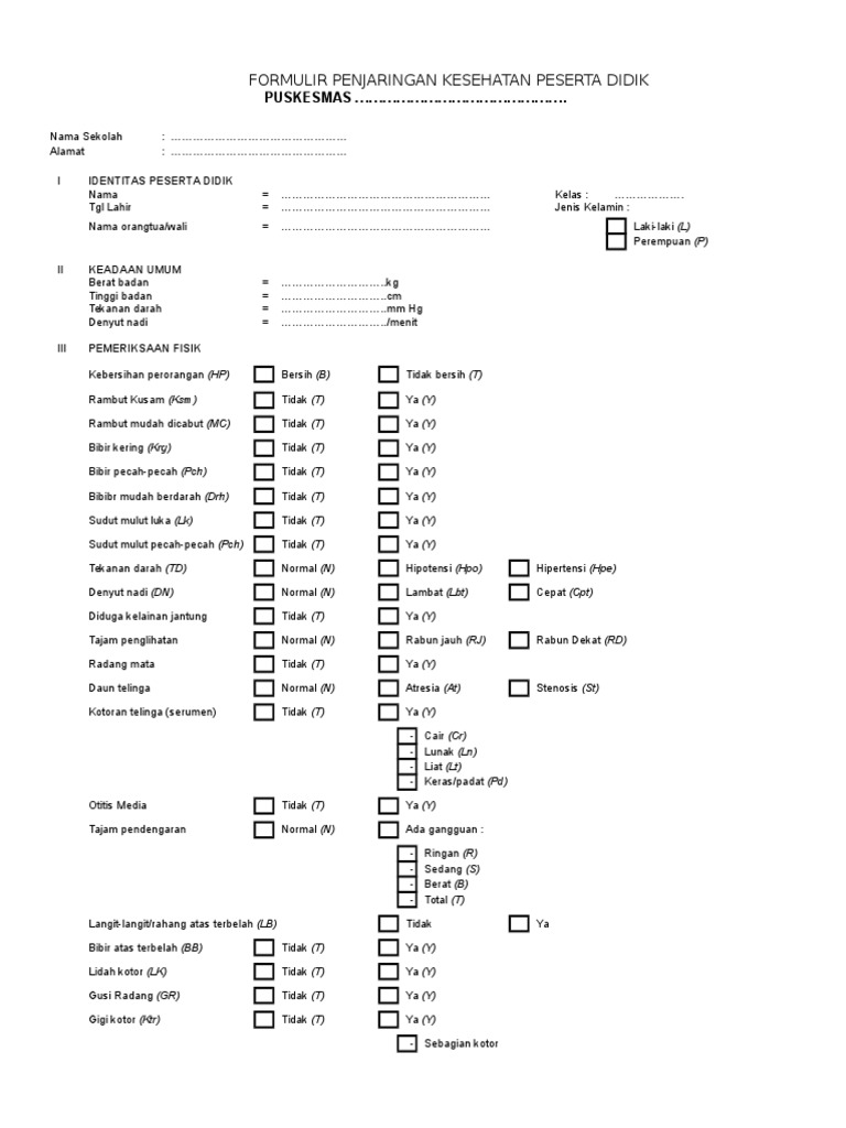 Formulir Penjaringan Kesehatan Peserta Didik Tingkat SD | PDF
