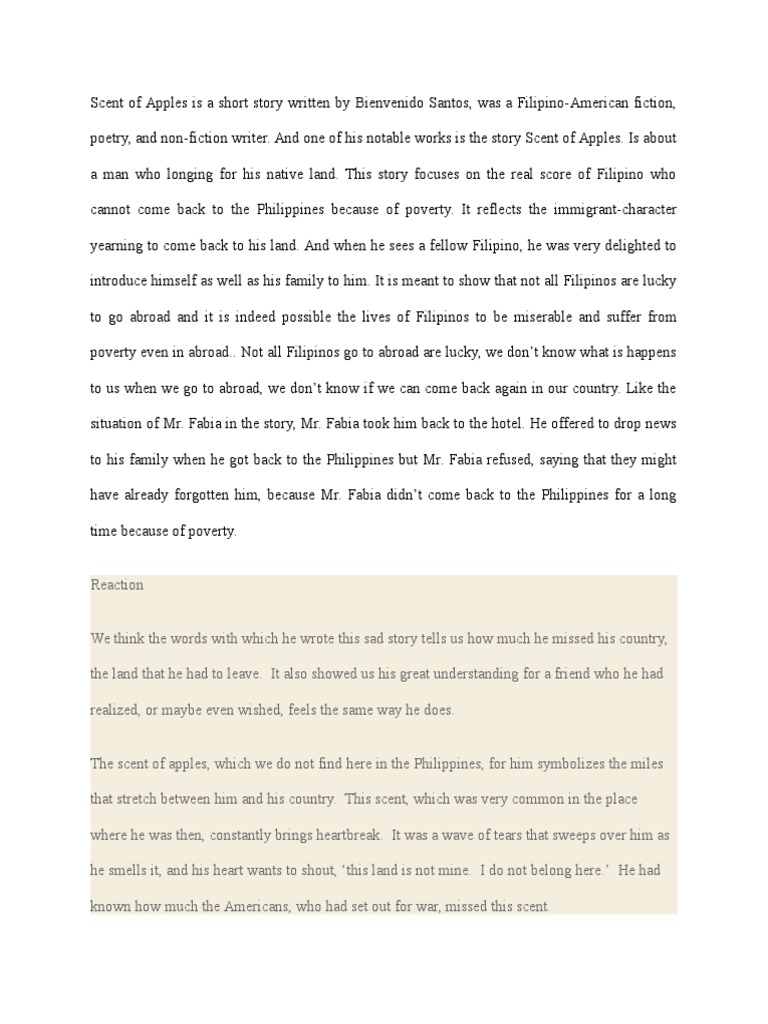 Scent of Apples Is A Short Story Written by Bienvenido Santos | PDF
