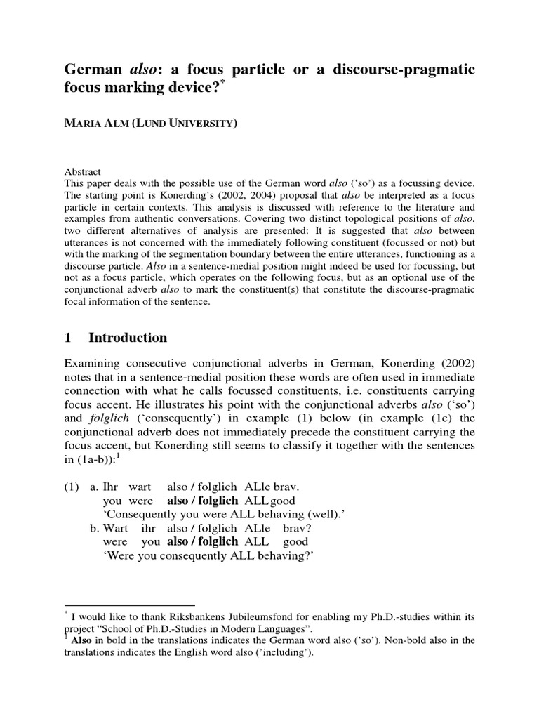 German Also: A Focus Particle or A Discourse-Pragmatic Focus Marking Device? | PDF | Stress ...