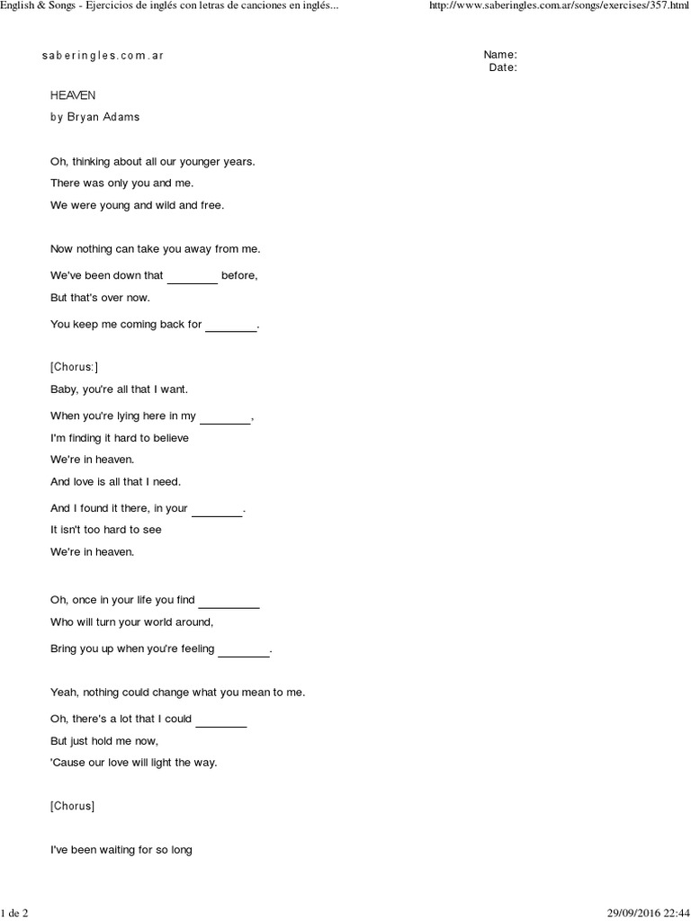 English & Songs - Ejercicios de Inglés Con Letras de Canciones en ...