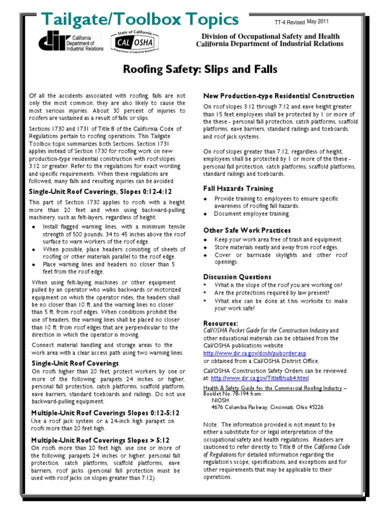 Toolbox Talk Roofing Safety Slips Falls | PDF | Occupational Safety And ...