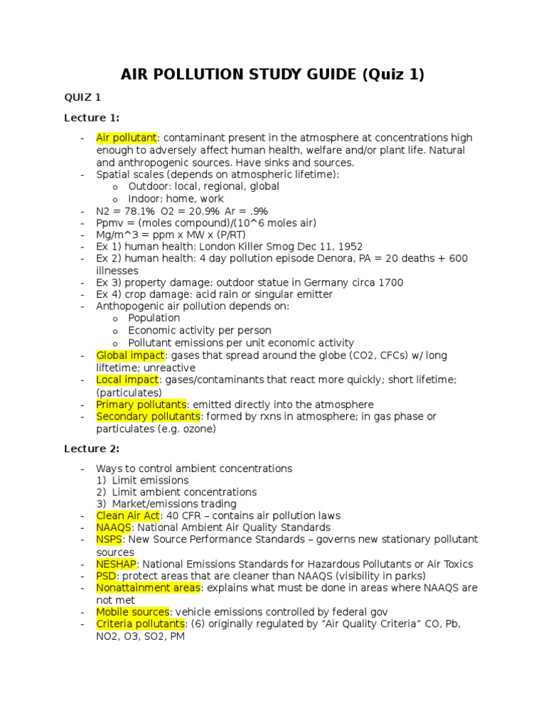 Air Pollution Study Guide Quiz 1-3 | PDF | Aerosol | Atmosphere Of Earth