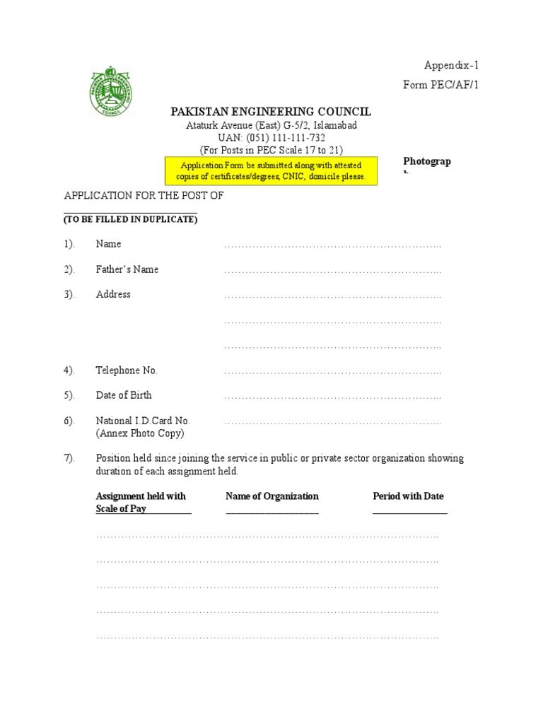 Pakistan Engineering Council: Appendix-1 Form PEC/AF/1 | PDF