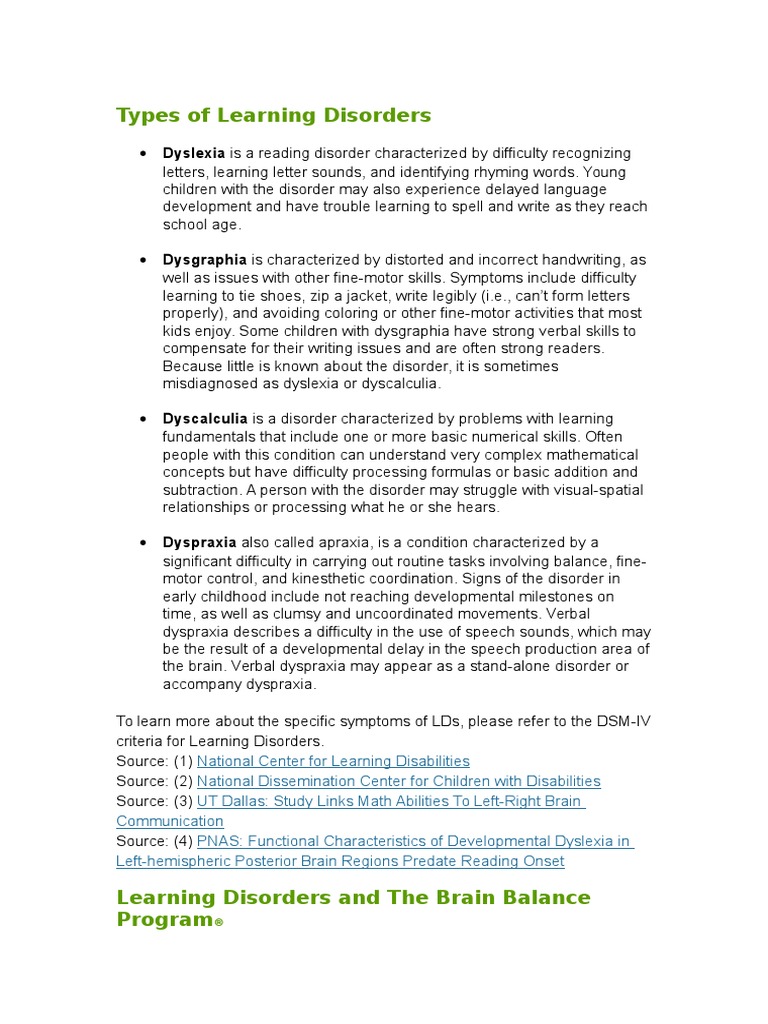 Types of Learning Disorders | PDF | Learning Disability | Dyslexia