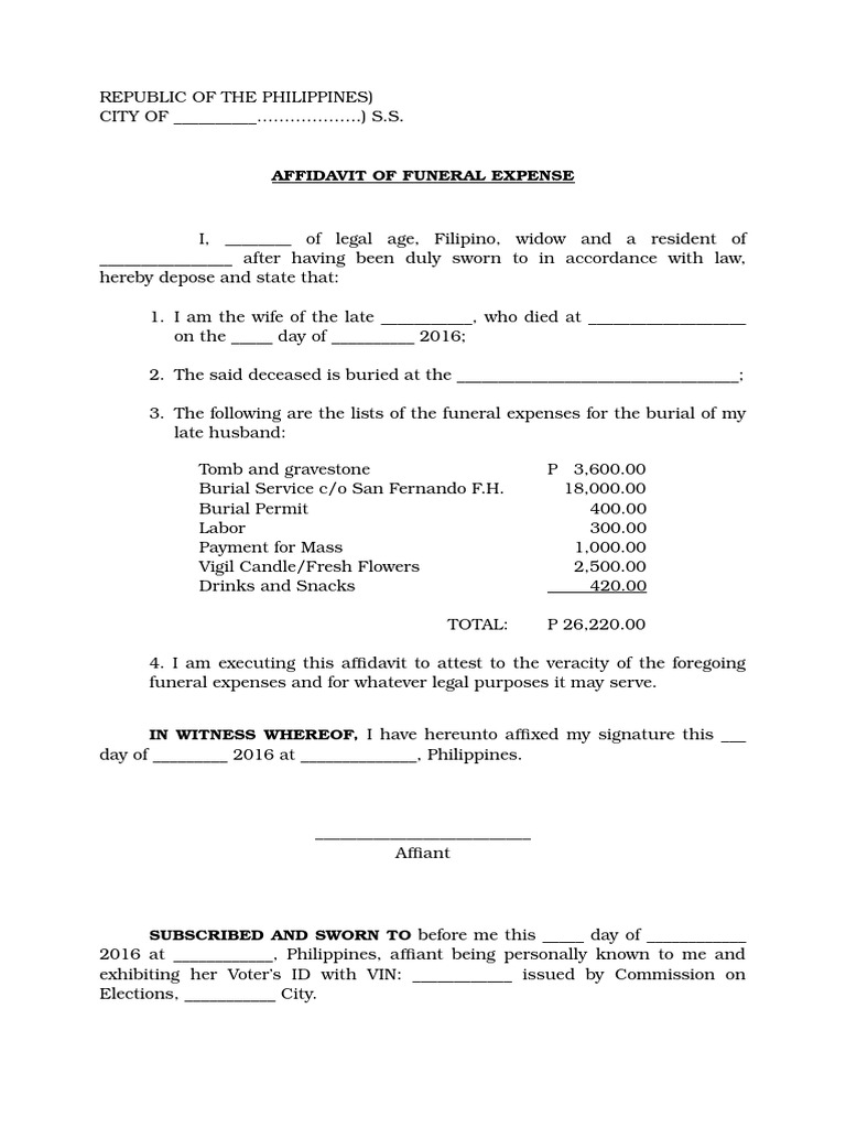 AFFIDAVIT of Funeral Expense Template | Download Free PDF | Affidavit ...