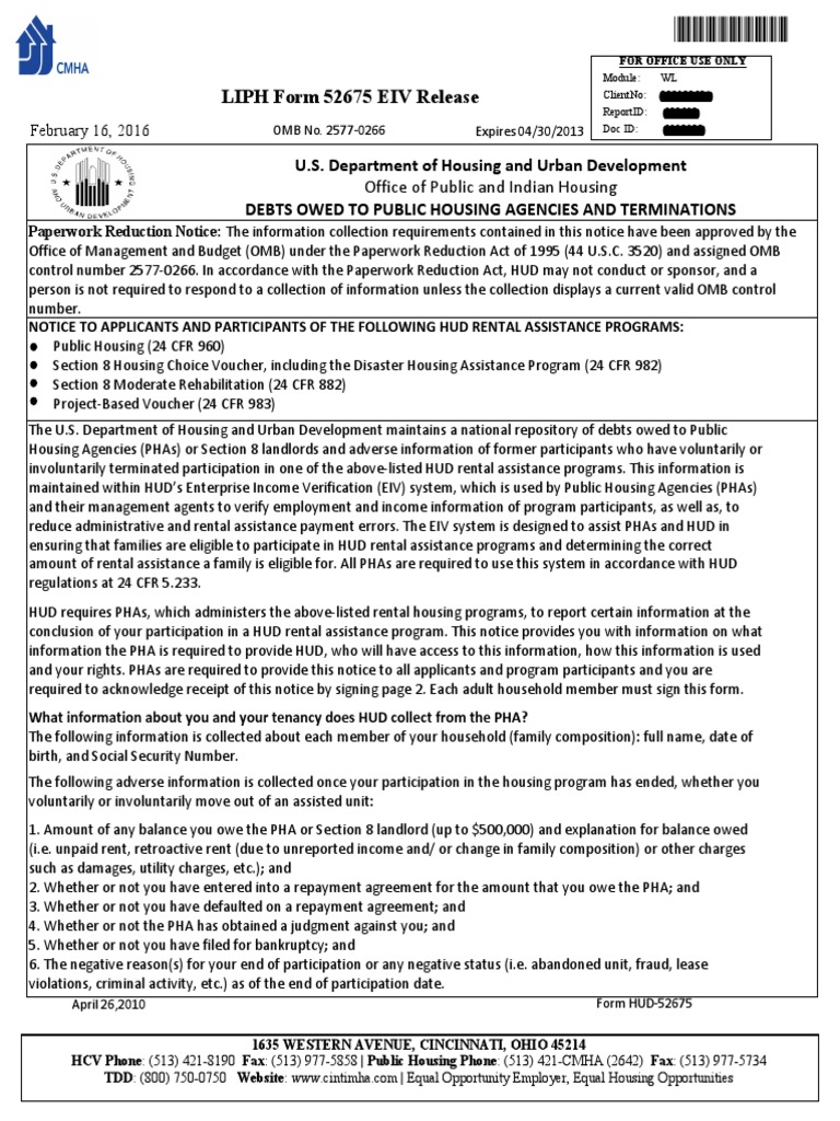 HUD 52675 EIV Release 40-41130 | Section 8 (Housing) | Bankruptcy