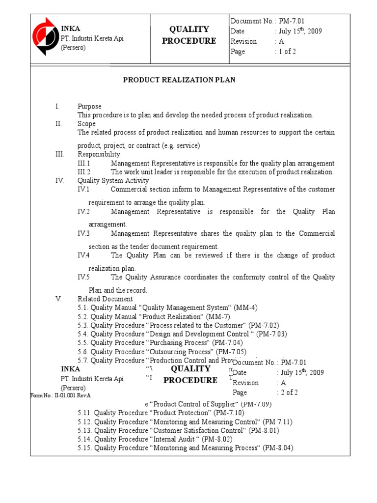 PM - 7.01 Product Realization Plan | PDF
