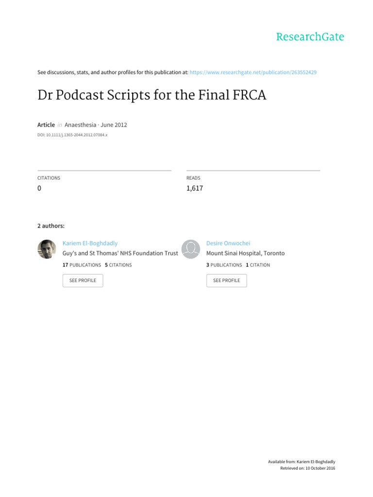 DR Podcast Scripts For The Final FRCA | PDF | Health Care | Wellness