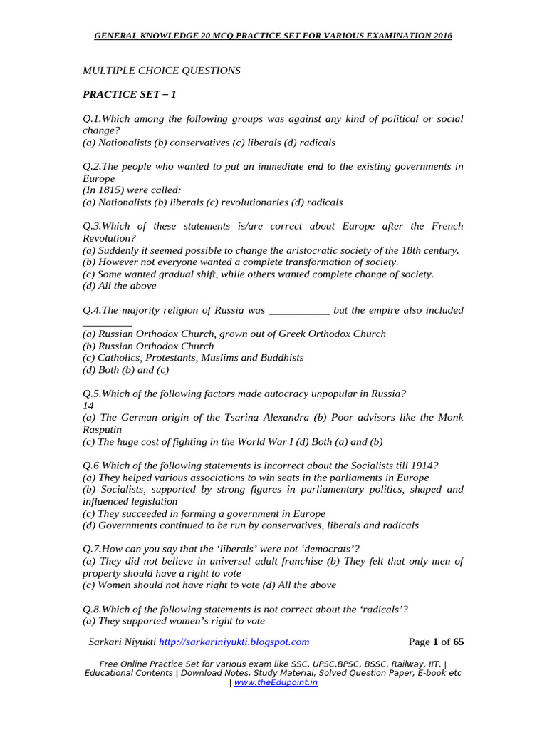 20 MCQ General Knowledge Practice Set | PDF | Weimar Republic ...