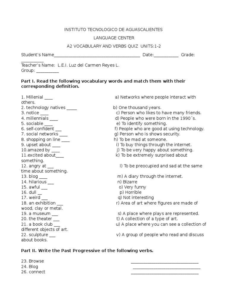 A2 Vocabulary and Verbs Quiz Guide | PDF | Career & Growth | Social Science