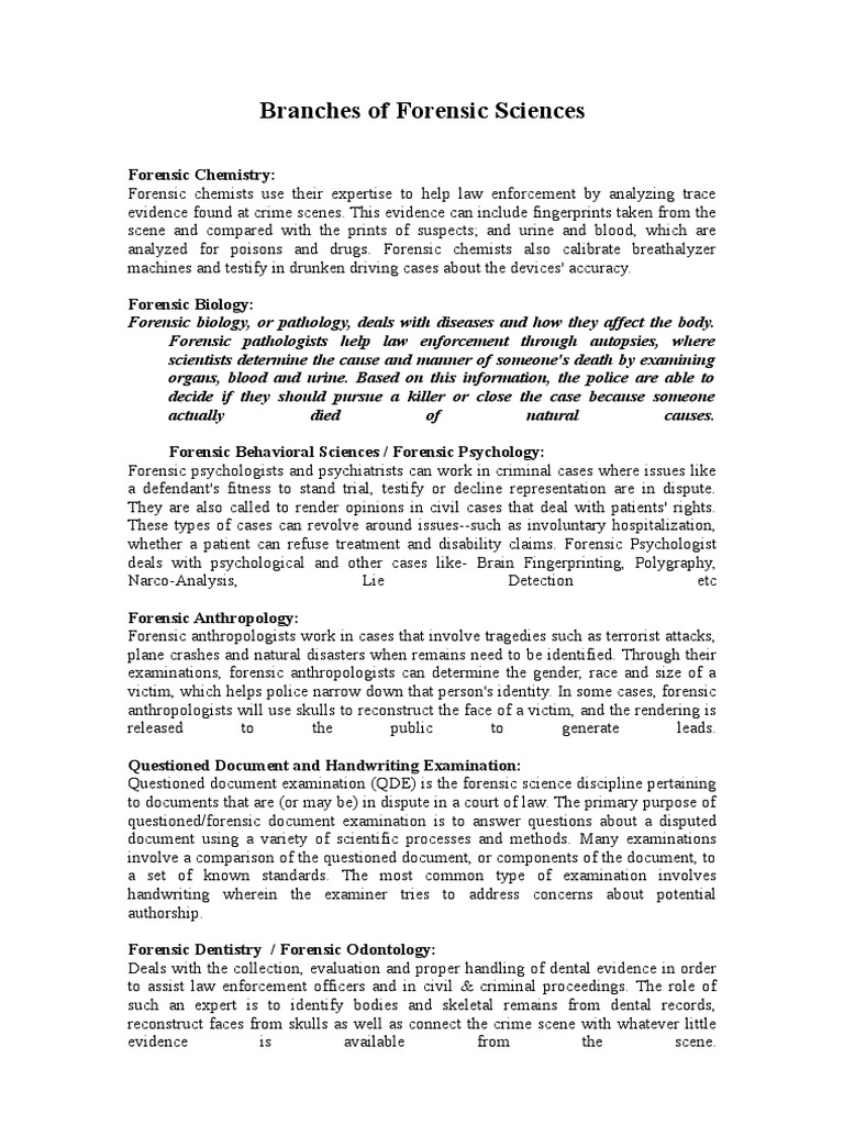 Branches of Forensic Sciences | PDF | Forensic Science | Dna Profiling