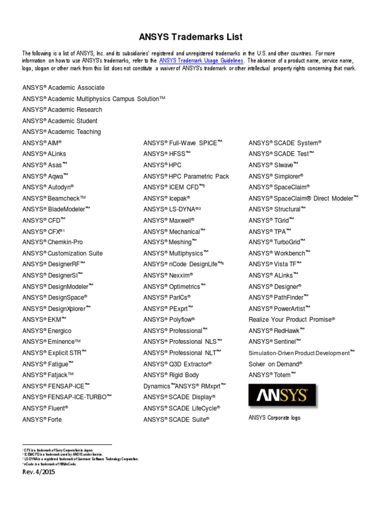 ANSYS Trademarks List: ANSYS Trademark Usage Guidelines | PDF