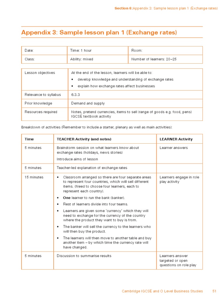 IGCSE Sample Lesson Plan | Exchange Rate | Lesson Plan