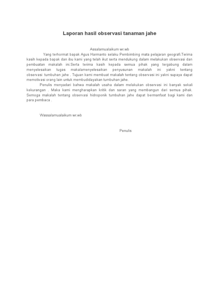 Laporan Hasil Observasi Tanaman Jahe | PDF