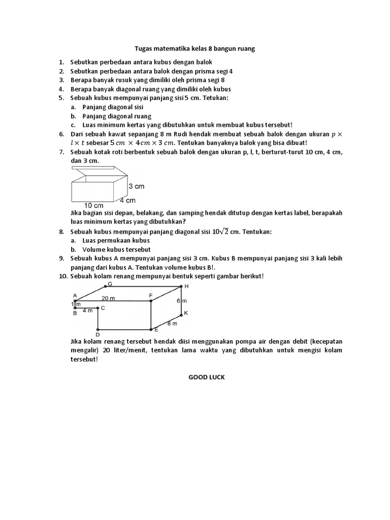 Tugas Matematika Kelas 8 Bangun Ruang | PDF | Griya & Taman
