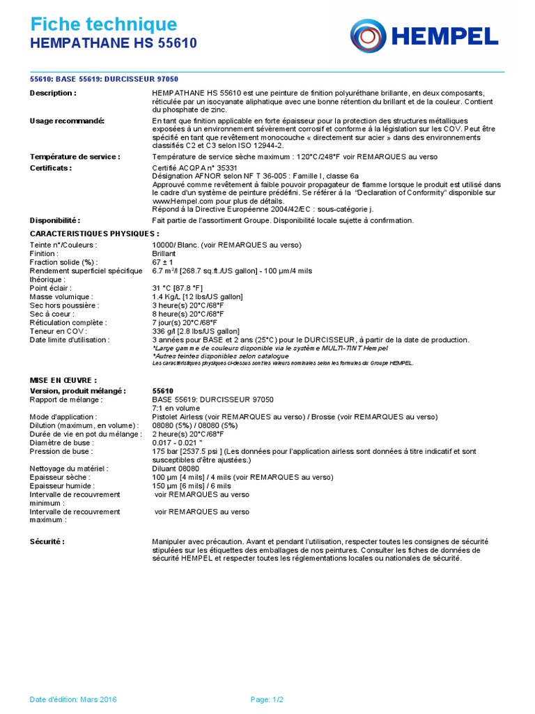 Fiche Technique HEMPATHANE HS 55610 | PDF | Condensation | Couleur