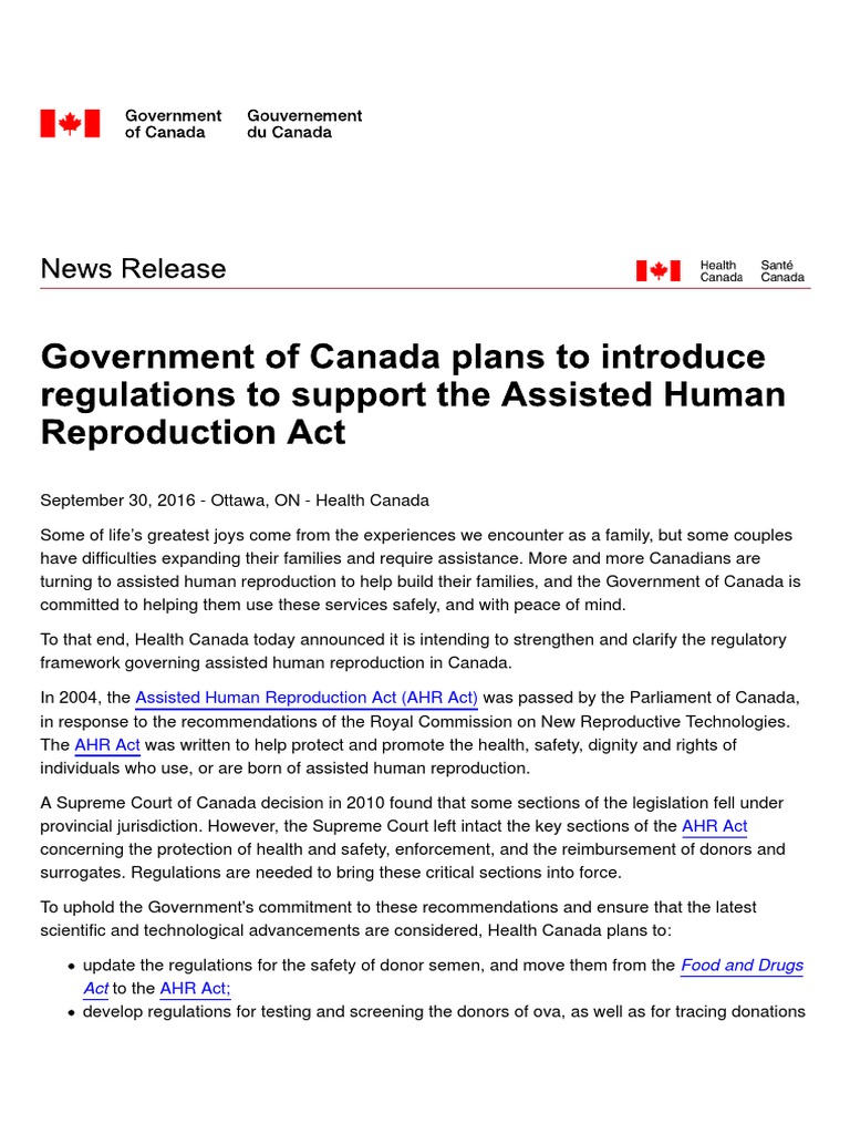 Canada Plans Assisted Human Reproduction Act | PDF | Surrogacy ...