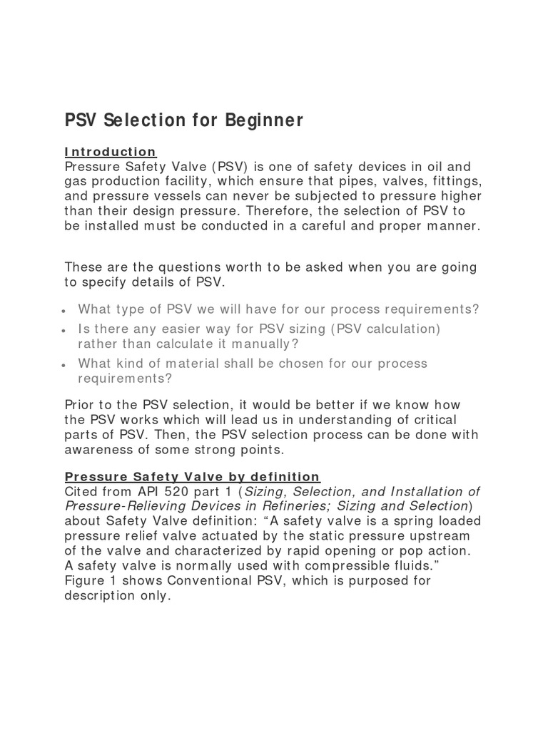 PSV Selection | Valve | Pressure