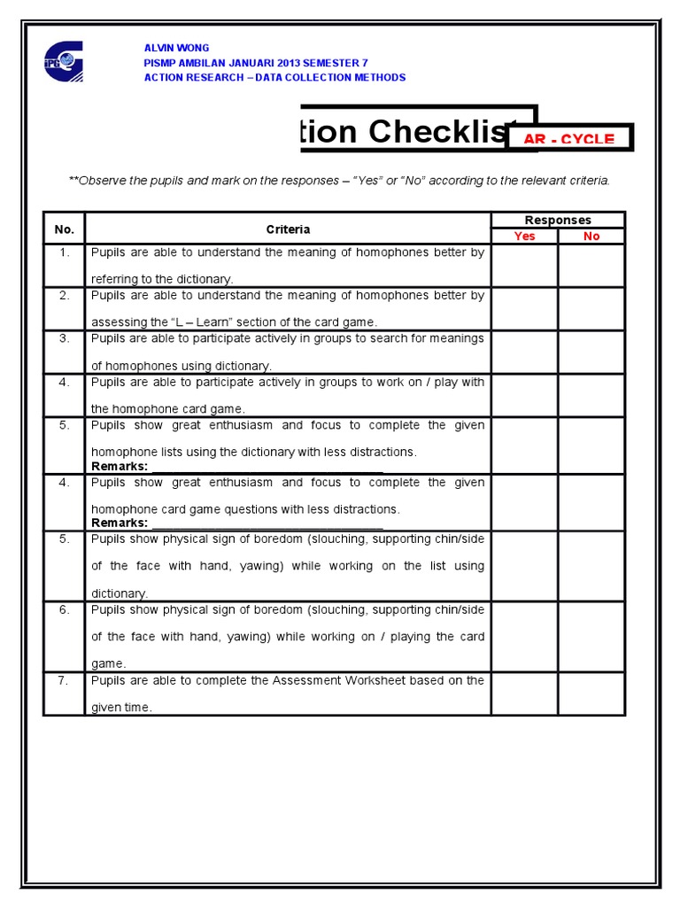 Data Collection AR C1 (Observation Checklist) | PDF