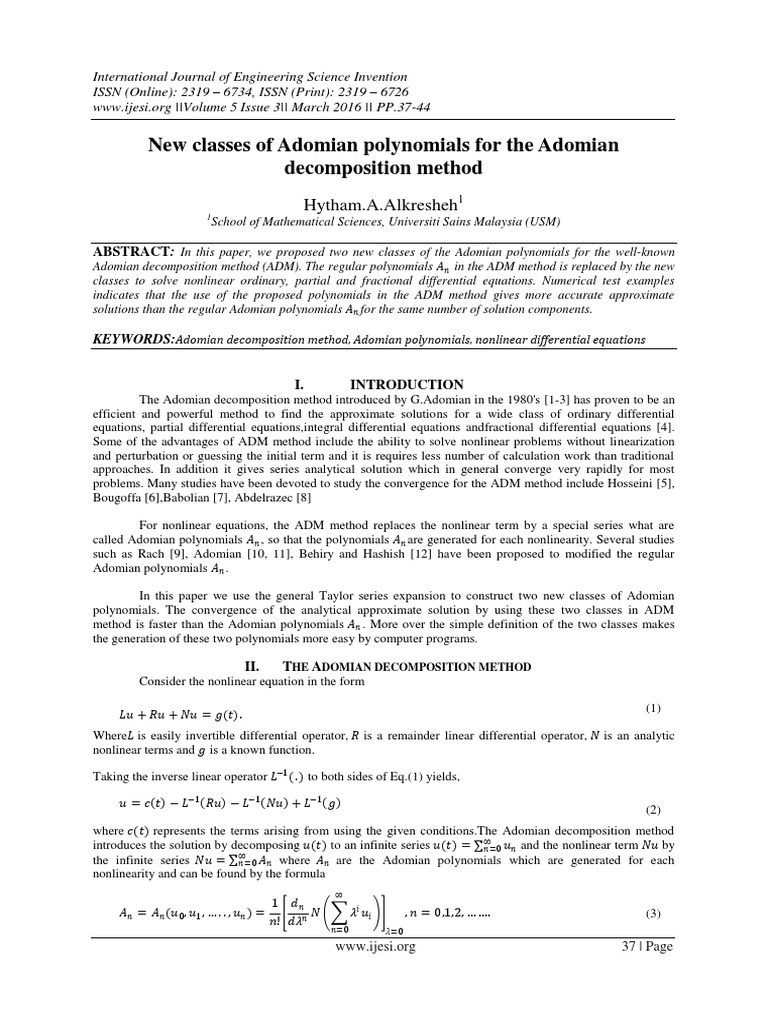 New Classes of Adomian Polynomials For The Adomian Decomposition Method | PDF | Nonlinear System ...