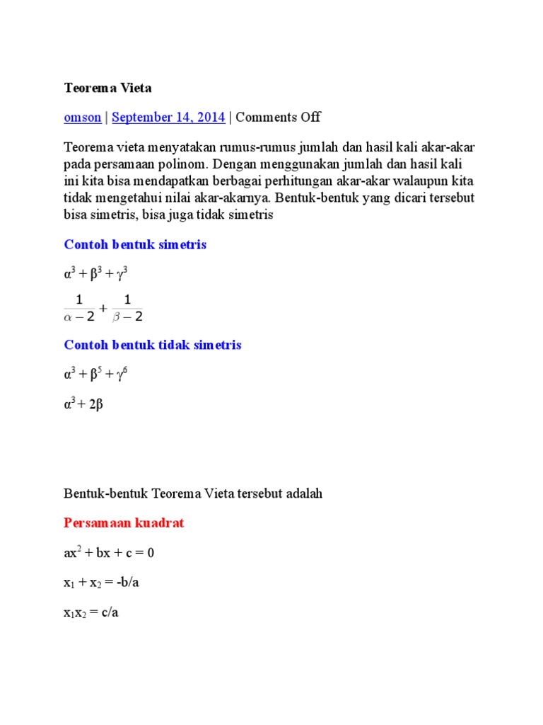 Rumus dan Contoh Teorema Vieta | PDF