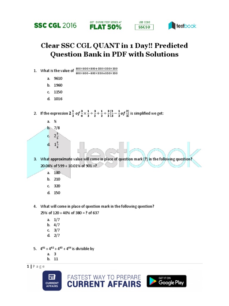 Clear SSC CGL QUANT in 1 Day Predicted Question Bank in PDF With Solutions | PDF | Elementary ...